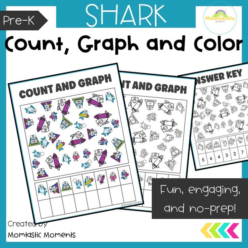 Shark Math Count and Graph, Color and Graph, Kindergarten, Printable ...