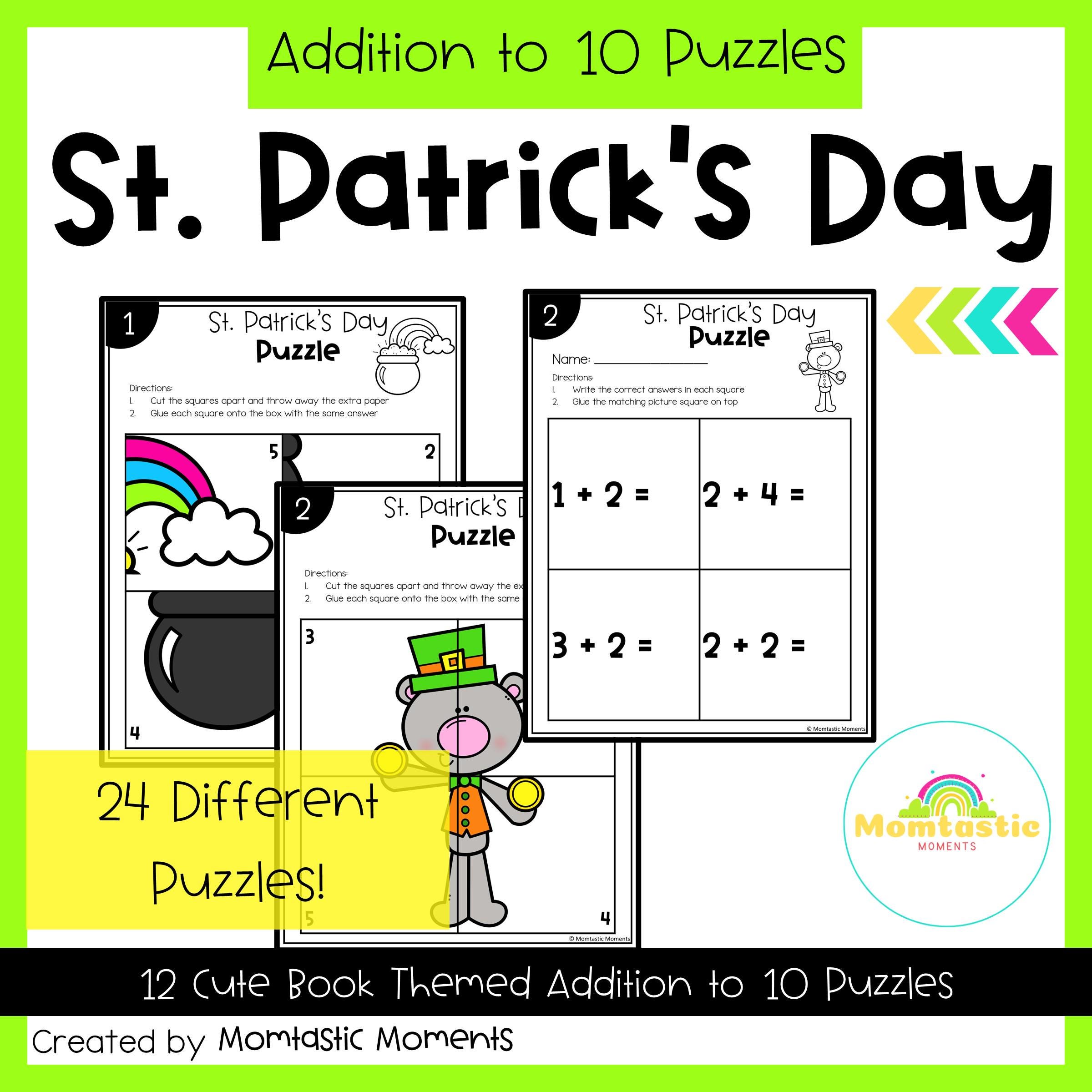 Addition Within 10 St. Patrick's Day Themed Puzzle Mats, Kindergarten ...