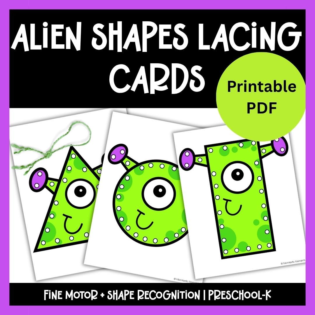 Alien Shapes Lacing Cards Printable | Fine Motor Shape Activities for ...