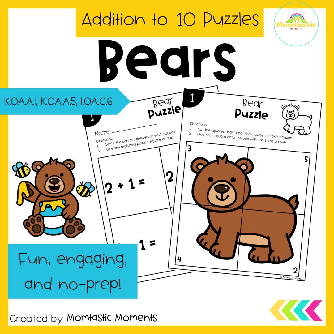 Addition Within 10 Bear Themed Puzzle Mats, Kindergarten and 1st Grade ...