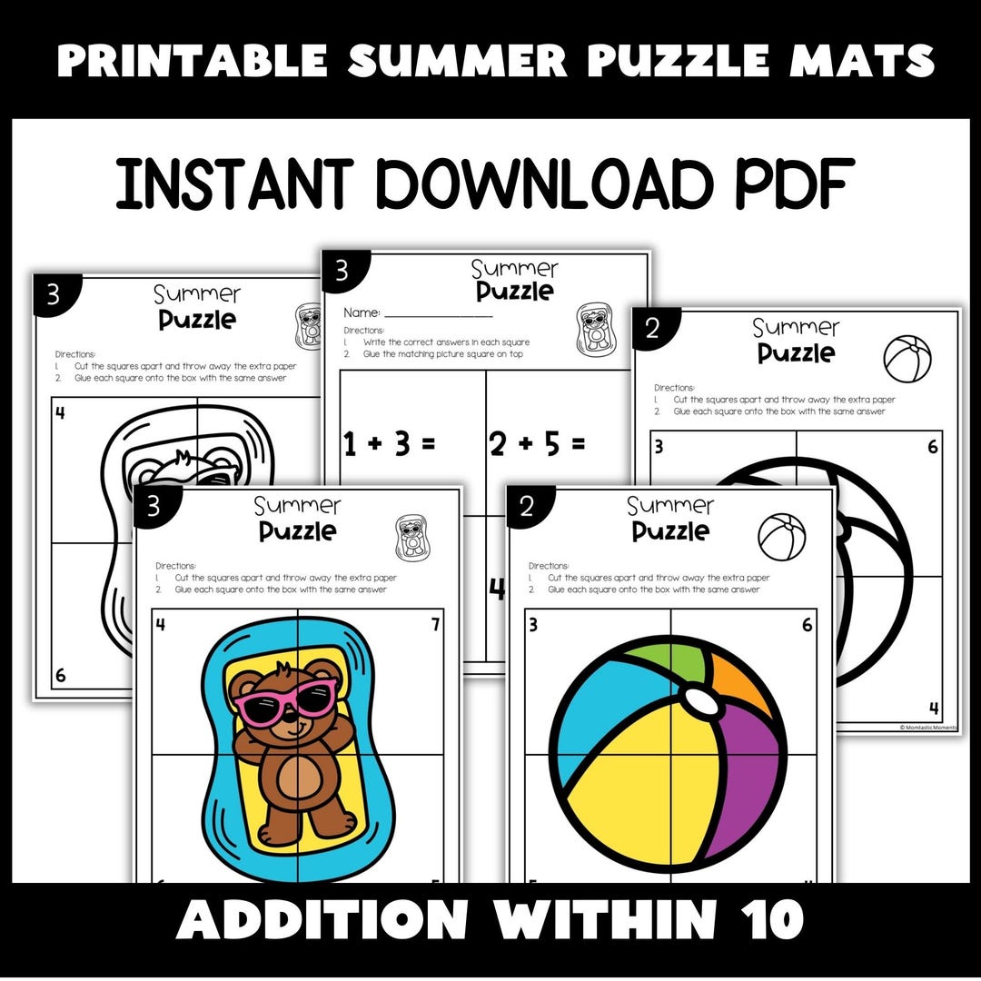 Summer Math Puzzles for Kids | Printable Addition Mats for Kindergarten ...