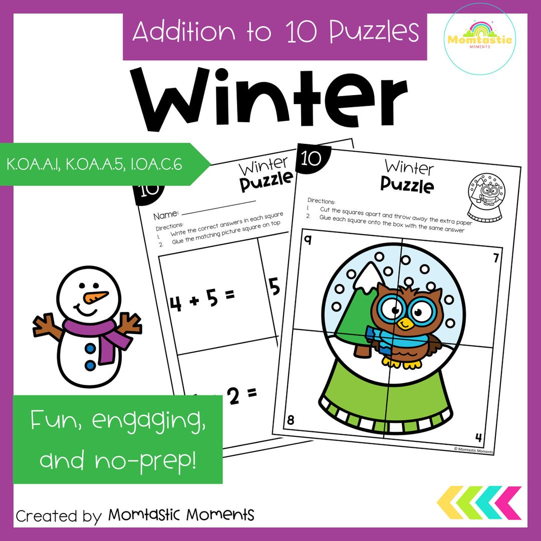 Addition Within 10 Winter Themed Puzzle Mats, Kindergarten and 1st ...