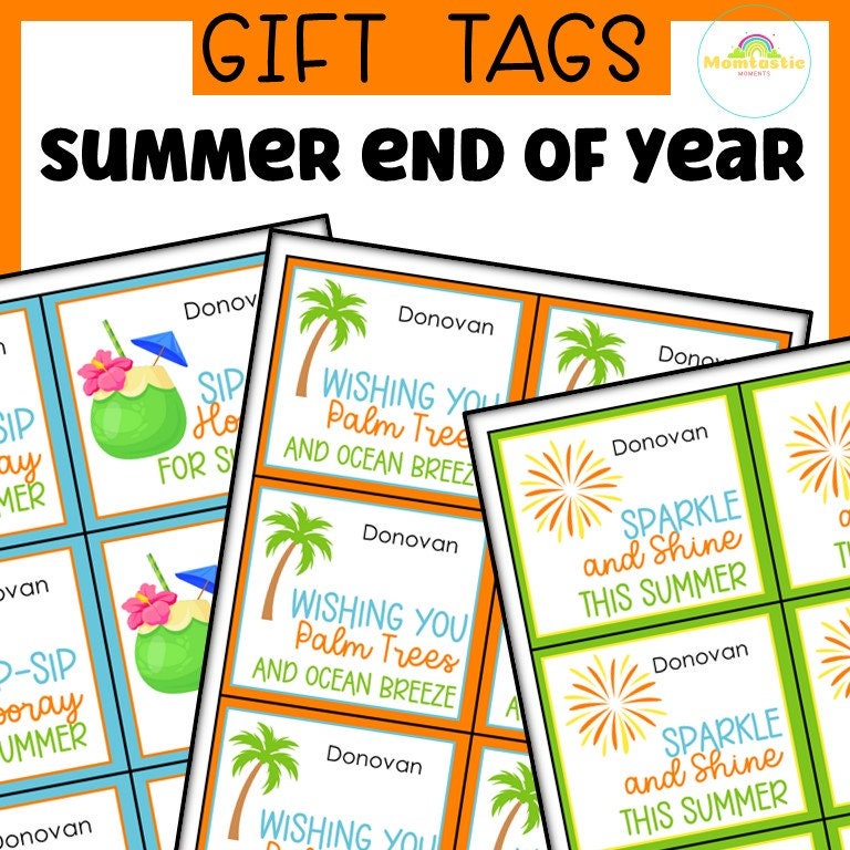 End of Year Summer Gift Tags, Beach Ball, Tropical Drink, Sunshine and ...