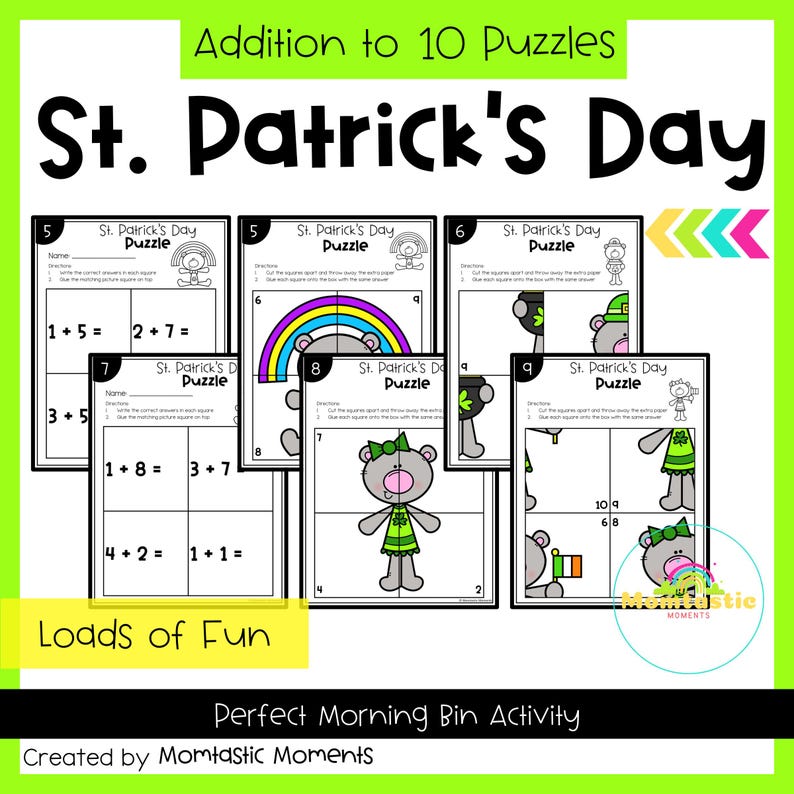 Addition Within 10 St. Patrick's Day Themed Puzzle Mats, Kindergarten ...