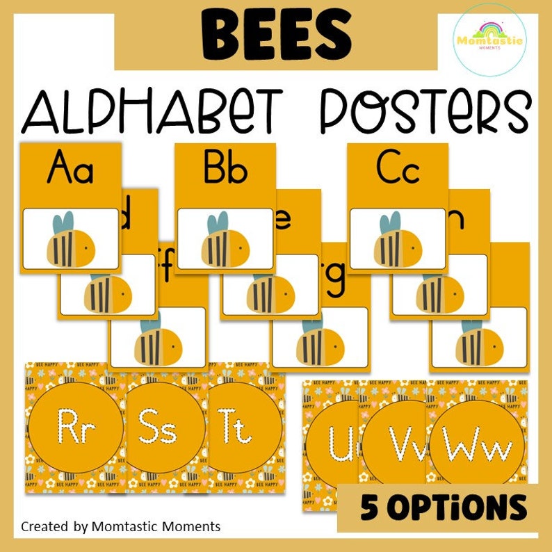 Alphabet Posters Cute Bee and Rainbow Theme Classroom Decor - Etsy