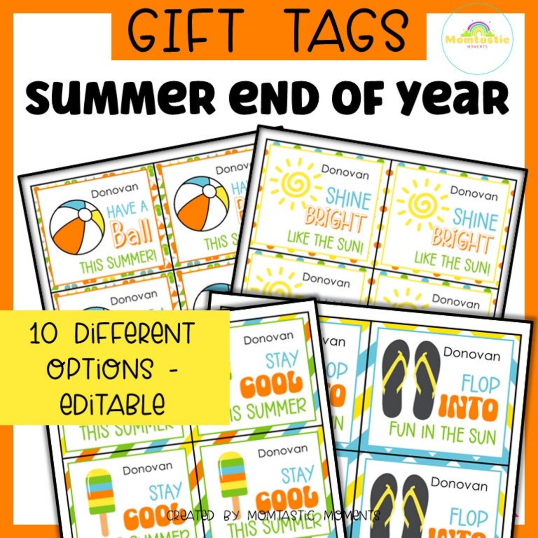End of Year Summer Gift Tags, Beach Ball, Tropical Drink, Sunshine and ...
