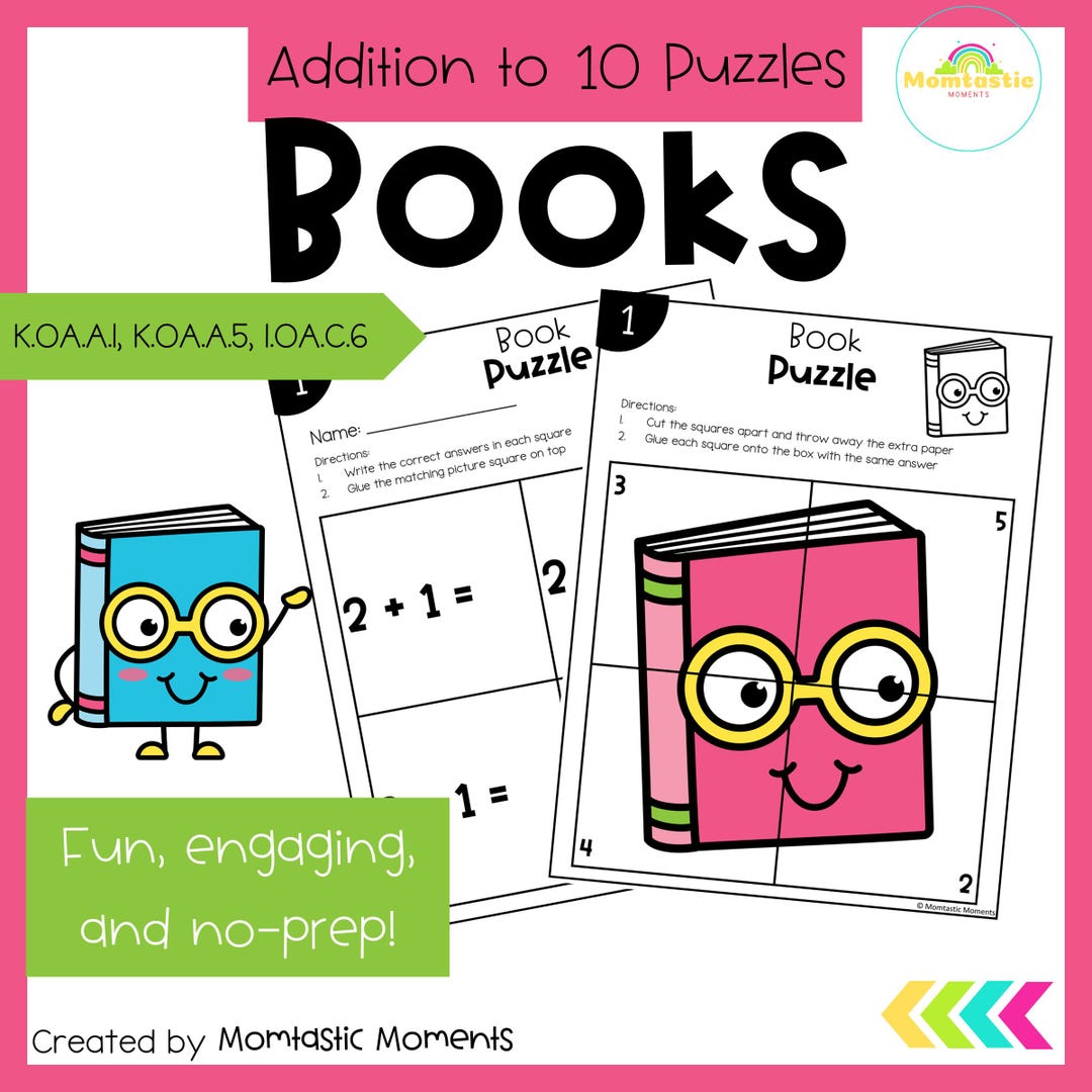 Addition Within 10 Book Themed Puzzle Mats, Kindergarten and 1st Grade ...
