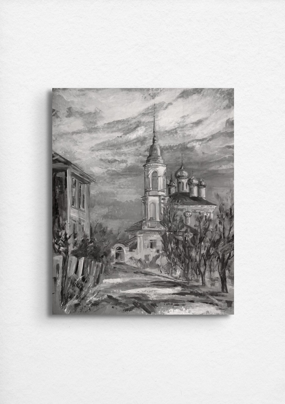 Chapel in Shades of Gray, 100% Hand Painted, Acryl Painting, Wall Decor ...