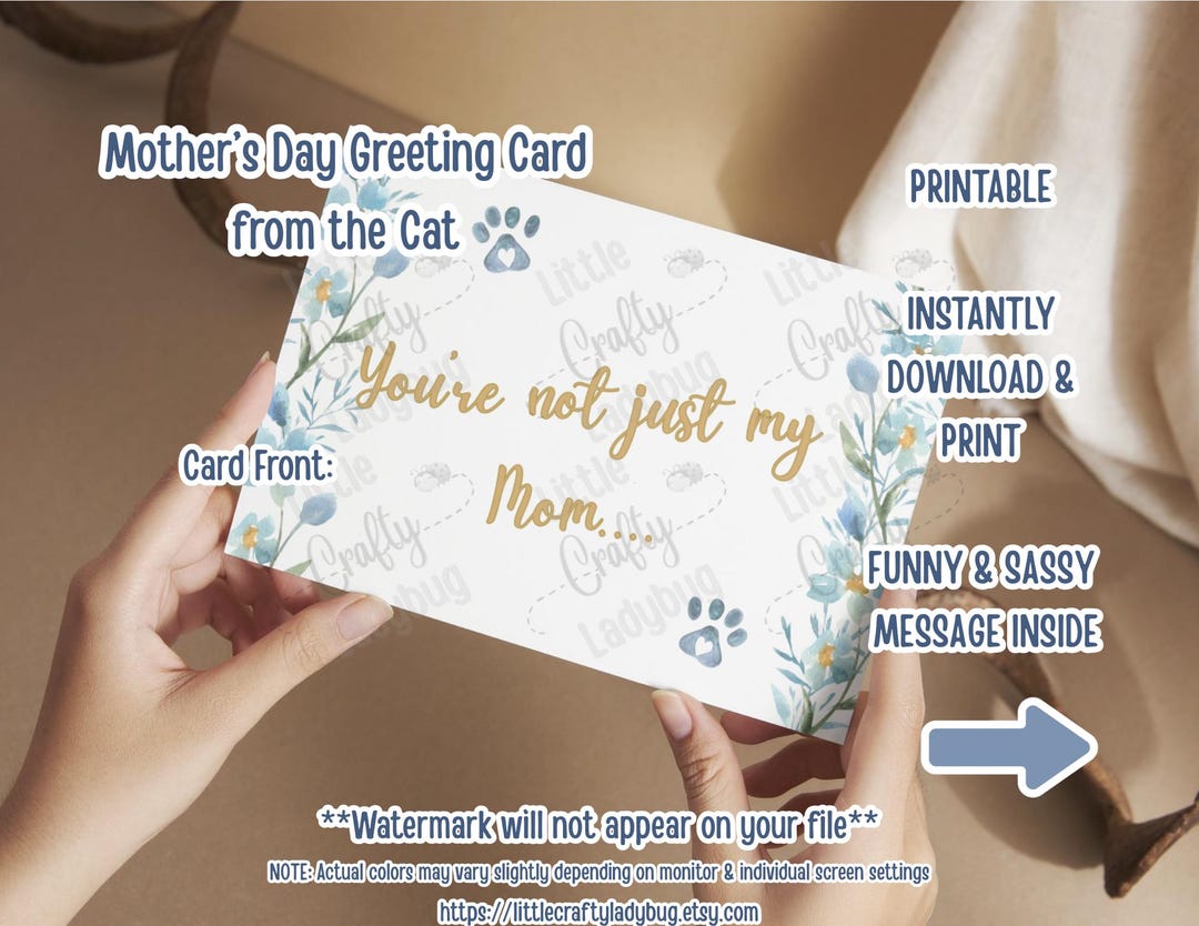 Printable Elegant Cat Mom Mother's Day Card - Funny Pet Card - Pet Mom ...