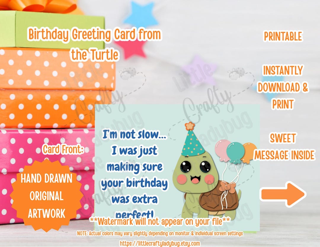 Printable Turtle Birthday Card – Funny Sweet Card From the Turtle ...