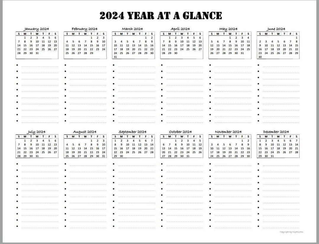 2024 Year at a Glance Minimalist Printable Calendar, 8.5x11 Instant PDF ...