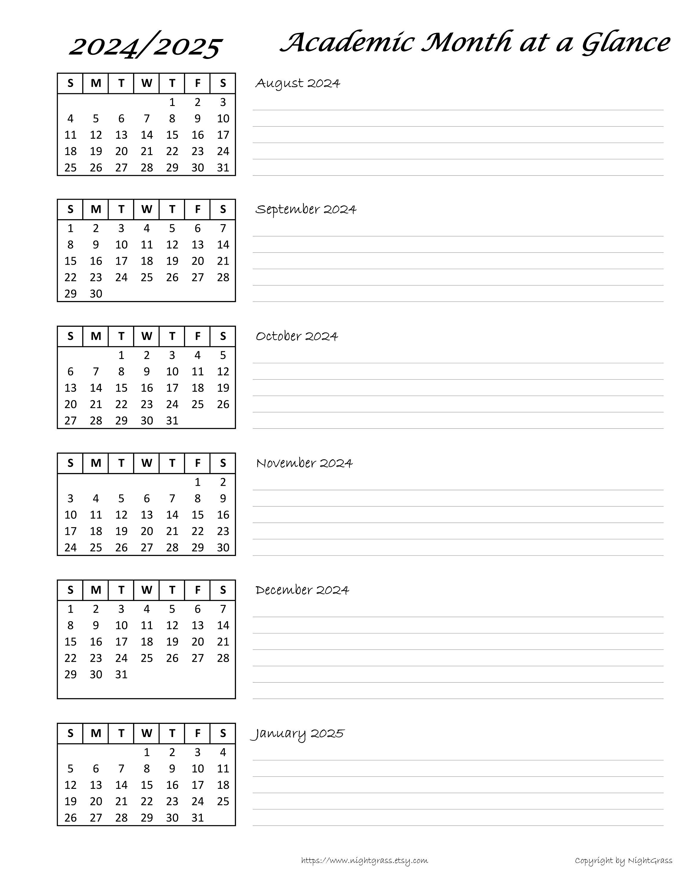 2024-2025 Academic 6-month at a Glance Minimalist Calendar (line), 8 ...