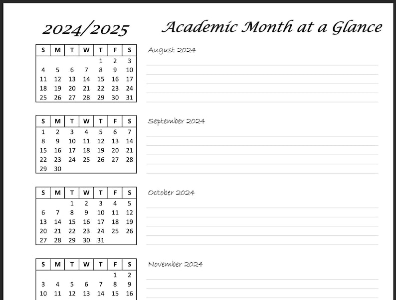 2024-2025 Academic 6-month at a Glance Minimalist Calendar (line), 8 ...