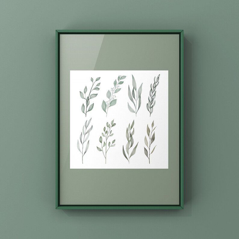 Sage Green Botanical Print: Watercolor Leaves Wall Art (digital ...