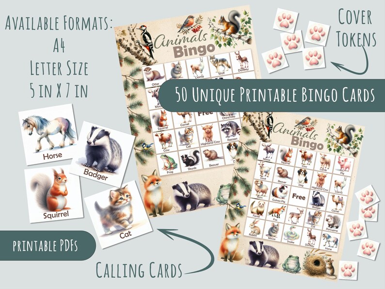 Bingo Cards | Printable Bingo | Animals Bingo | 50 Printable Cards in ...