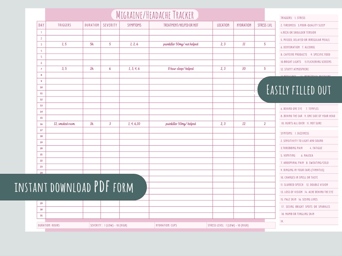 Migraine Tracker, Headache Journal, Printable Headache Diary, Printable ...
