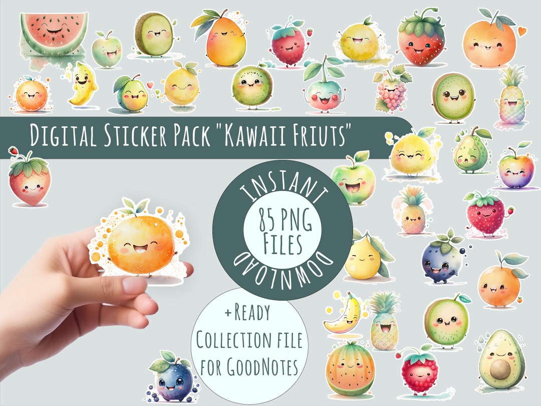 Kawaii Watercolor Sticker Pack for Goodnotes - 85 Cute Digital Pngs ...