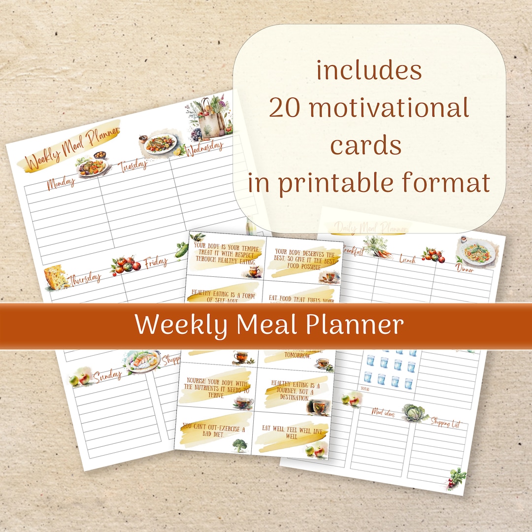 Weekly Meal Planner and Motivation Card Bundle - 20 Digital ...