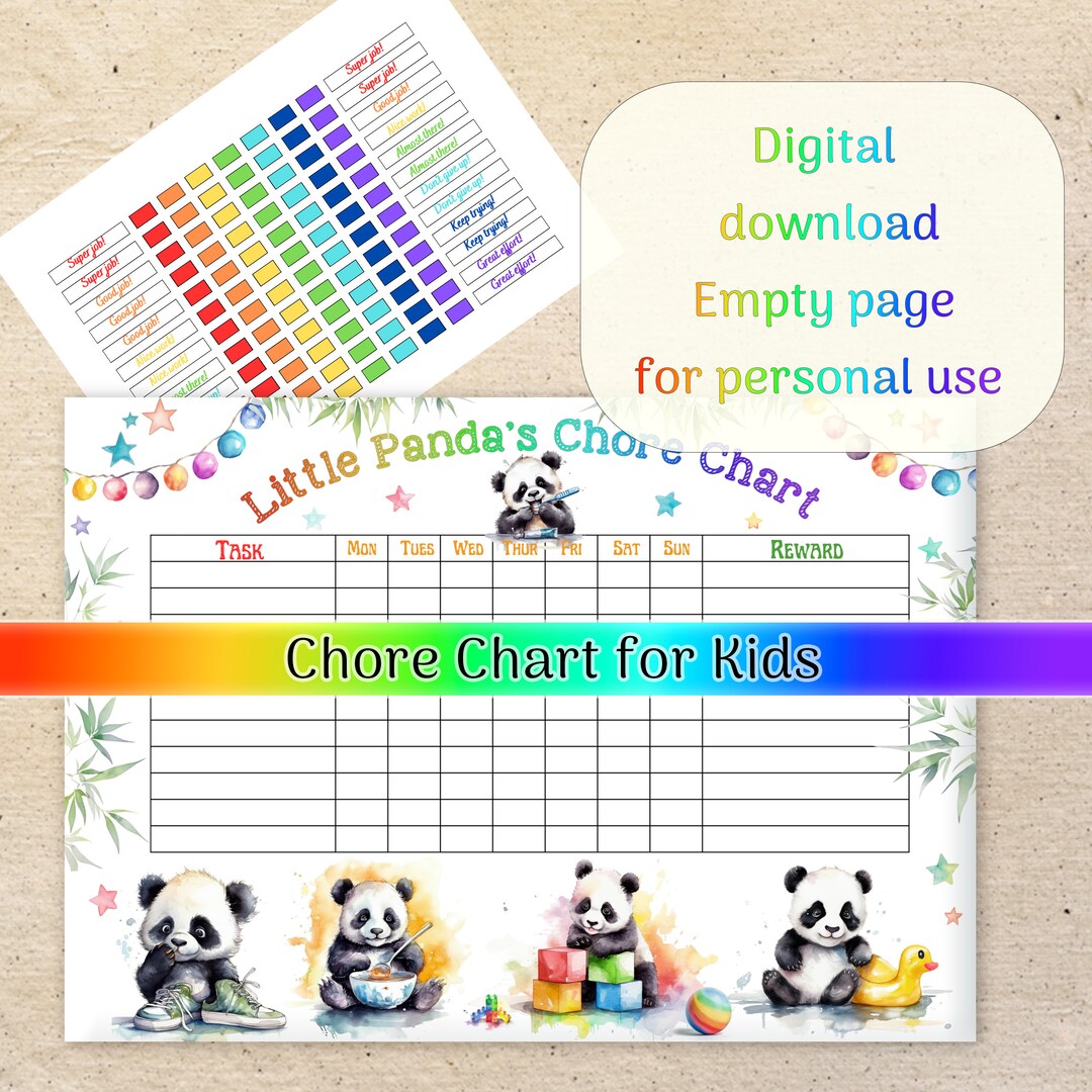 Kids Daily Responsibilities Chart With Panda Design, Chore Chart, Daily ...