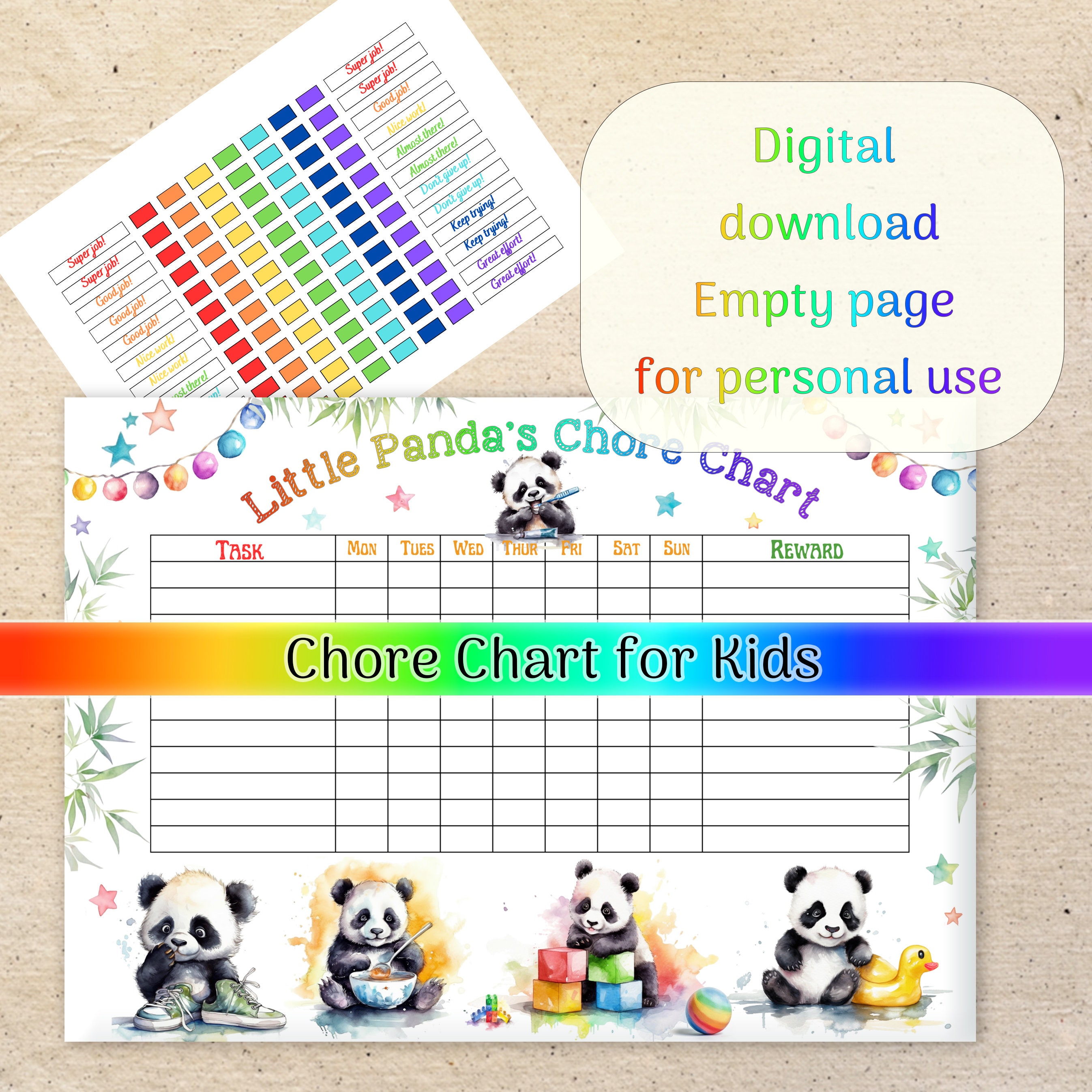 Kids Daily Responsibilities Chart With Panda Design, Chore Chart, Daily ...