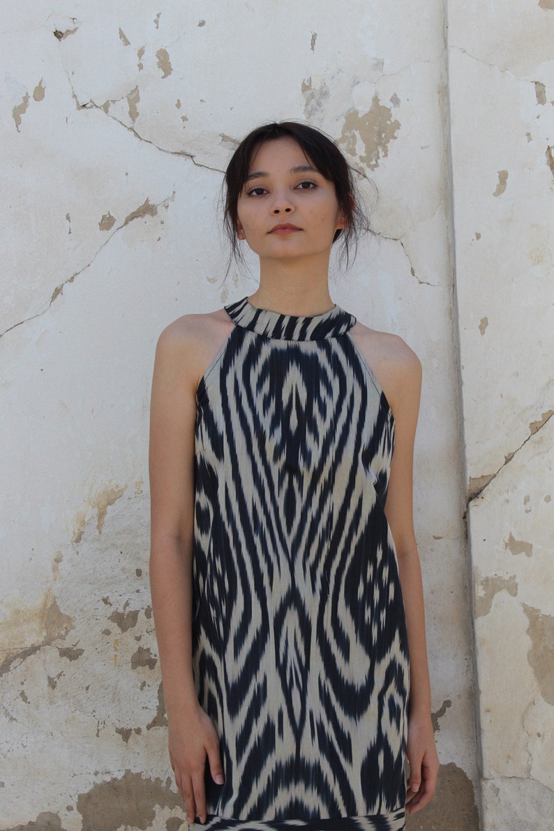 Handmade Original Ikat Dress: Halter Neck Straight Uzbek Ikat Cocktail ...