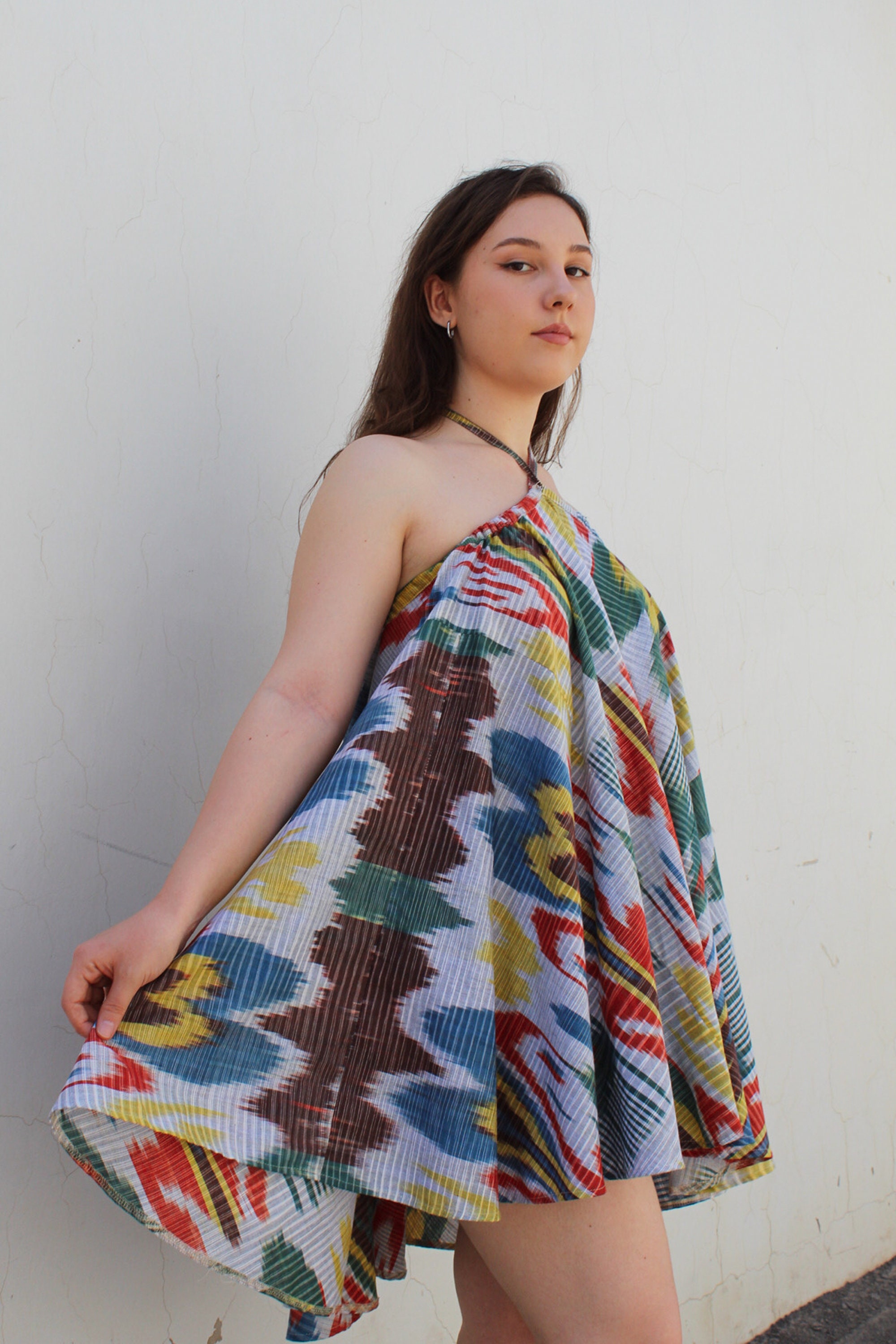 Mini Ikat Summer Dress, Cotton Mini Dress, Ikat Chick Skirt, Casual Beach Dress, Gauze Summer ...