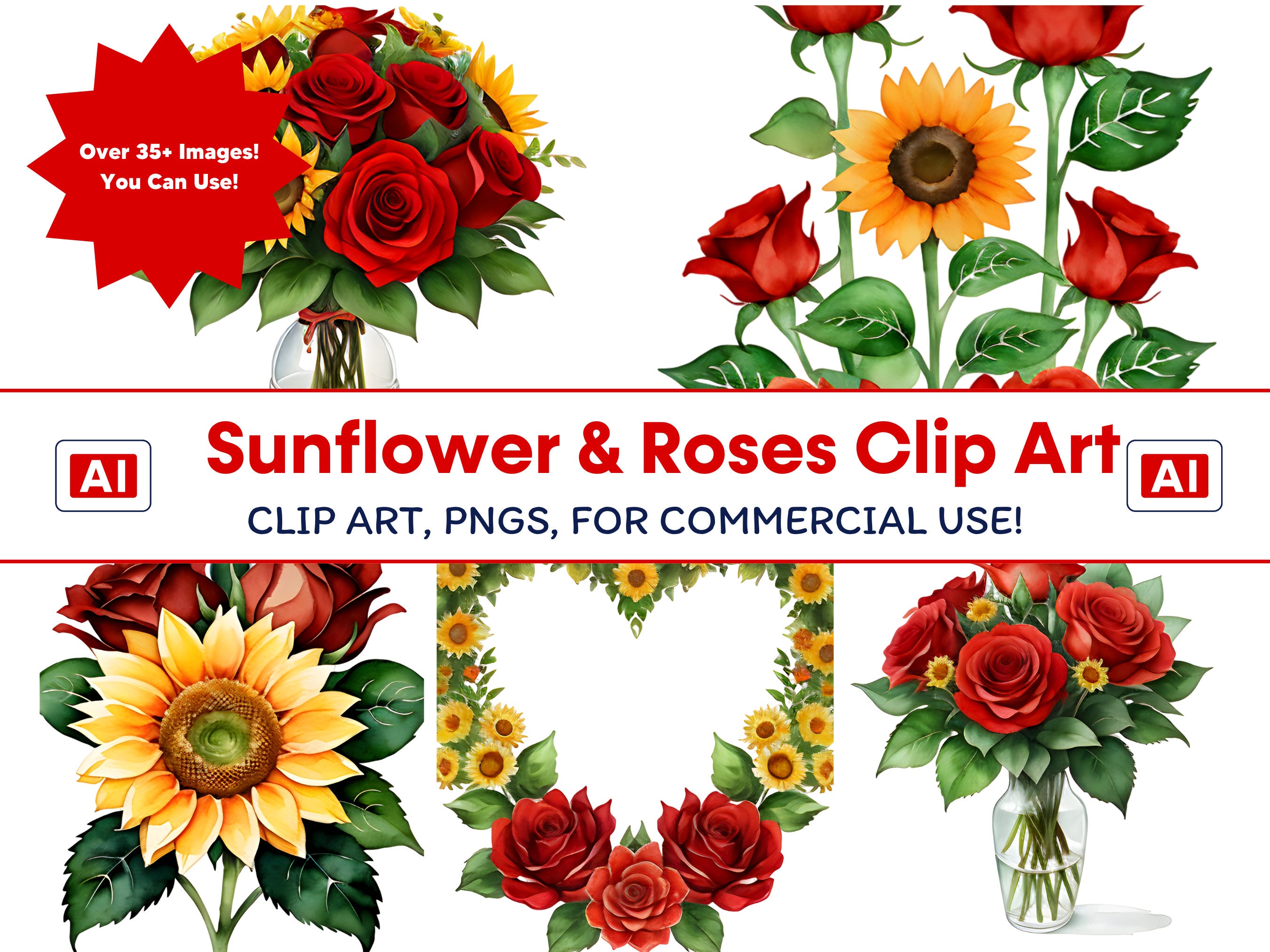 Watercolor Sunflower and Roses Clipart Bouquets & Wreaths PNG Format ...