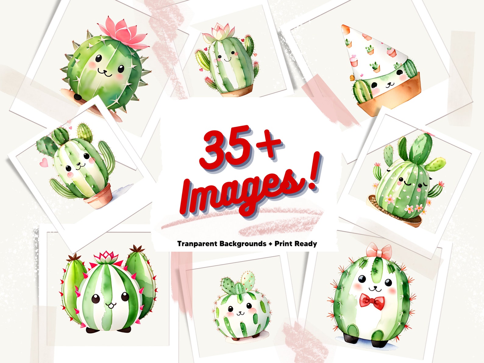 Cute Watercolor Kawaii Cactus Clipart - Desert Cacti PNG Instant ...