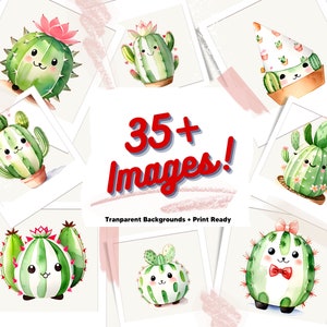 Cute Watercolor Kawaii Cactus Clipart - Desert Cacti PNG Instant ...