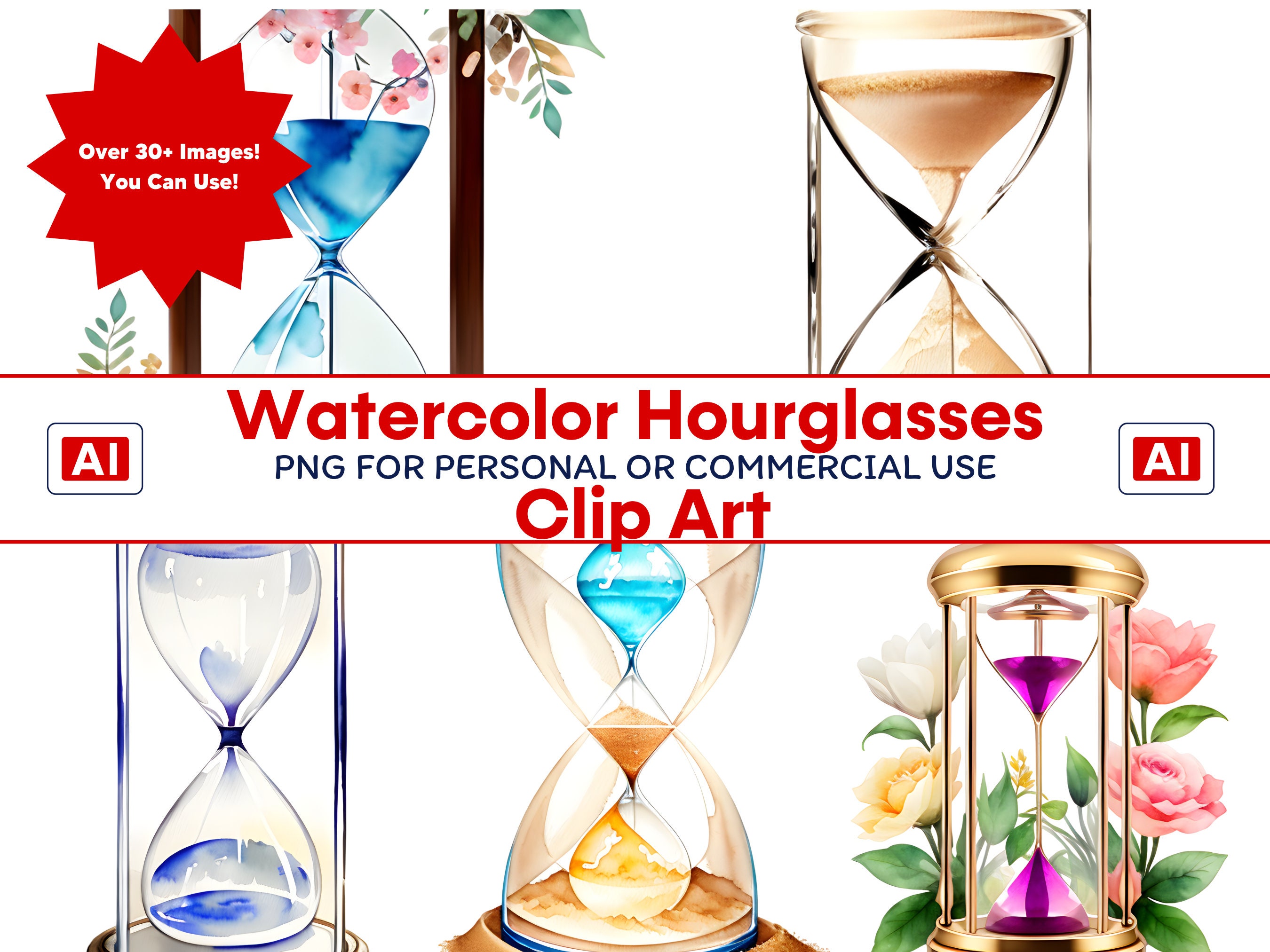 Watercolor Hourglasses Clipart Set - PNG Format Instant Download for ...