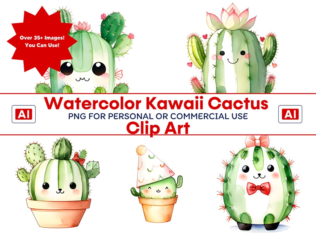 Cute Watercolor Kawaii Cactus Clipart - Desert Cacti PNG Instant ...