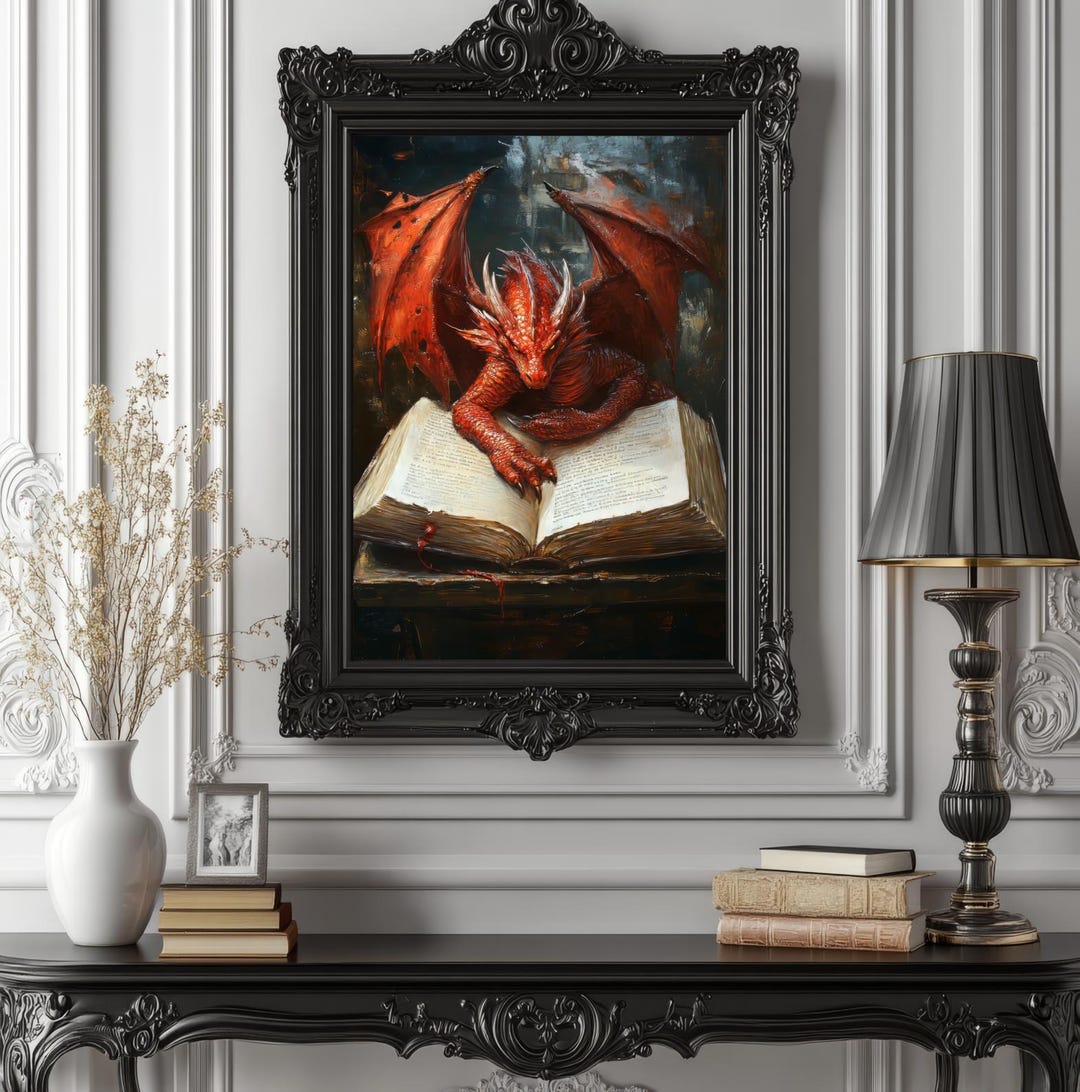 Red Dragon Reading Poster - Magical Fantasy Art Print - Museum Quality ...