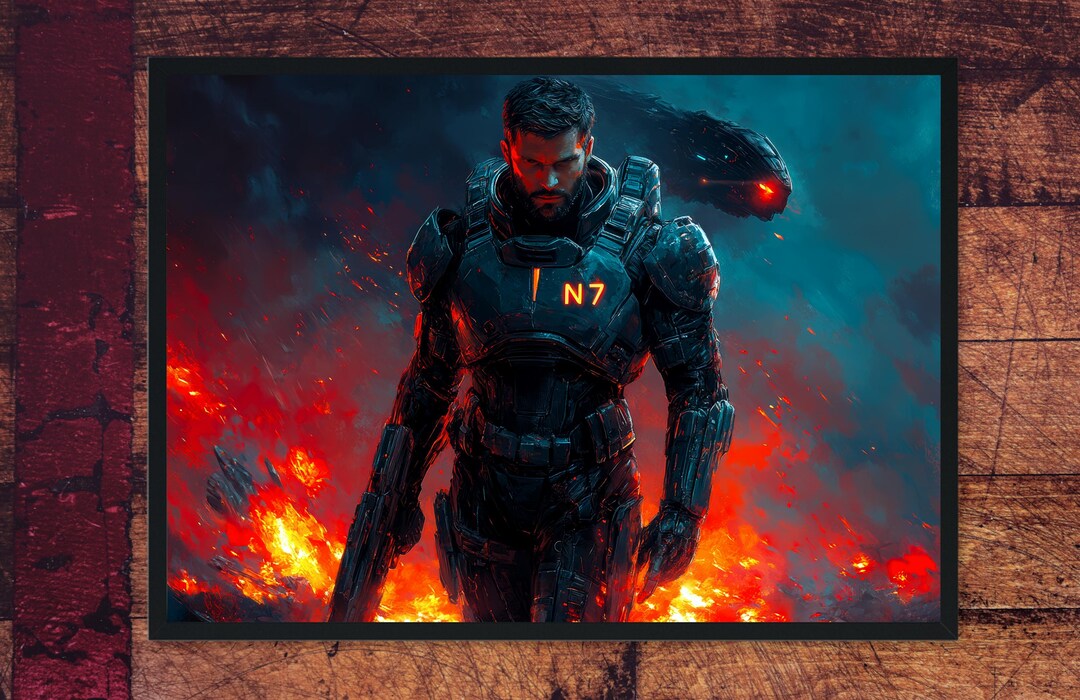Mass Effect Commander Shepard Poster – N7 Warrior Amidst the Flames ...