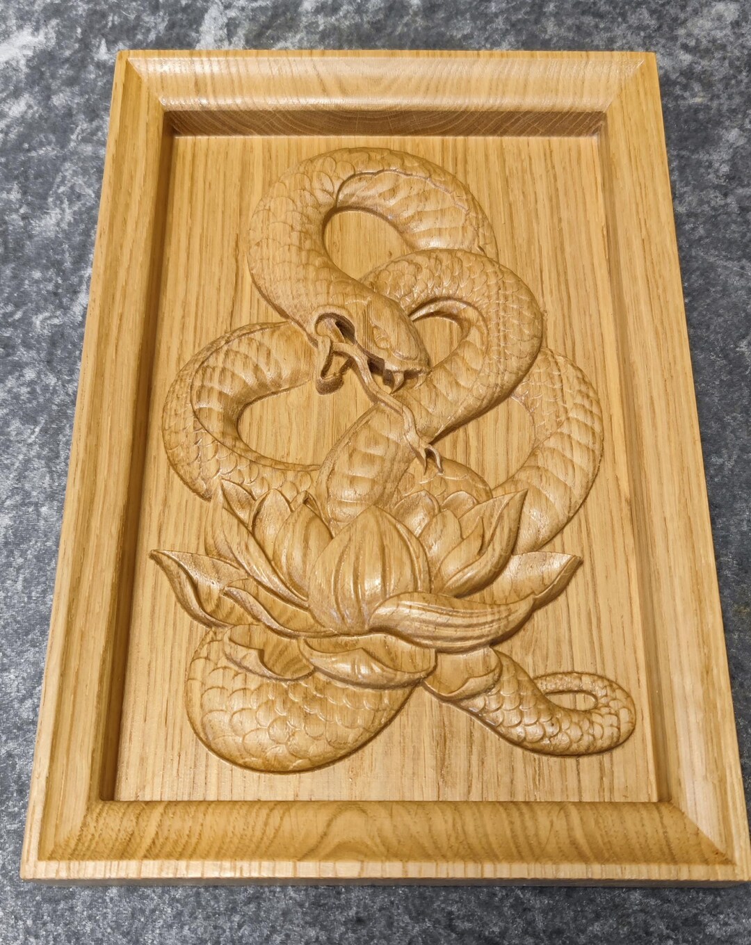 Wood Carved Snake With Lotus Flower | Natural Hard Wax Finish | Serpent ...