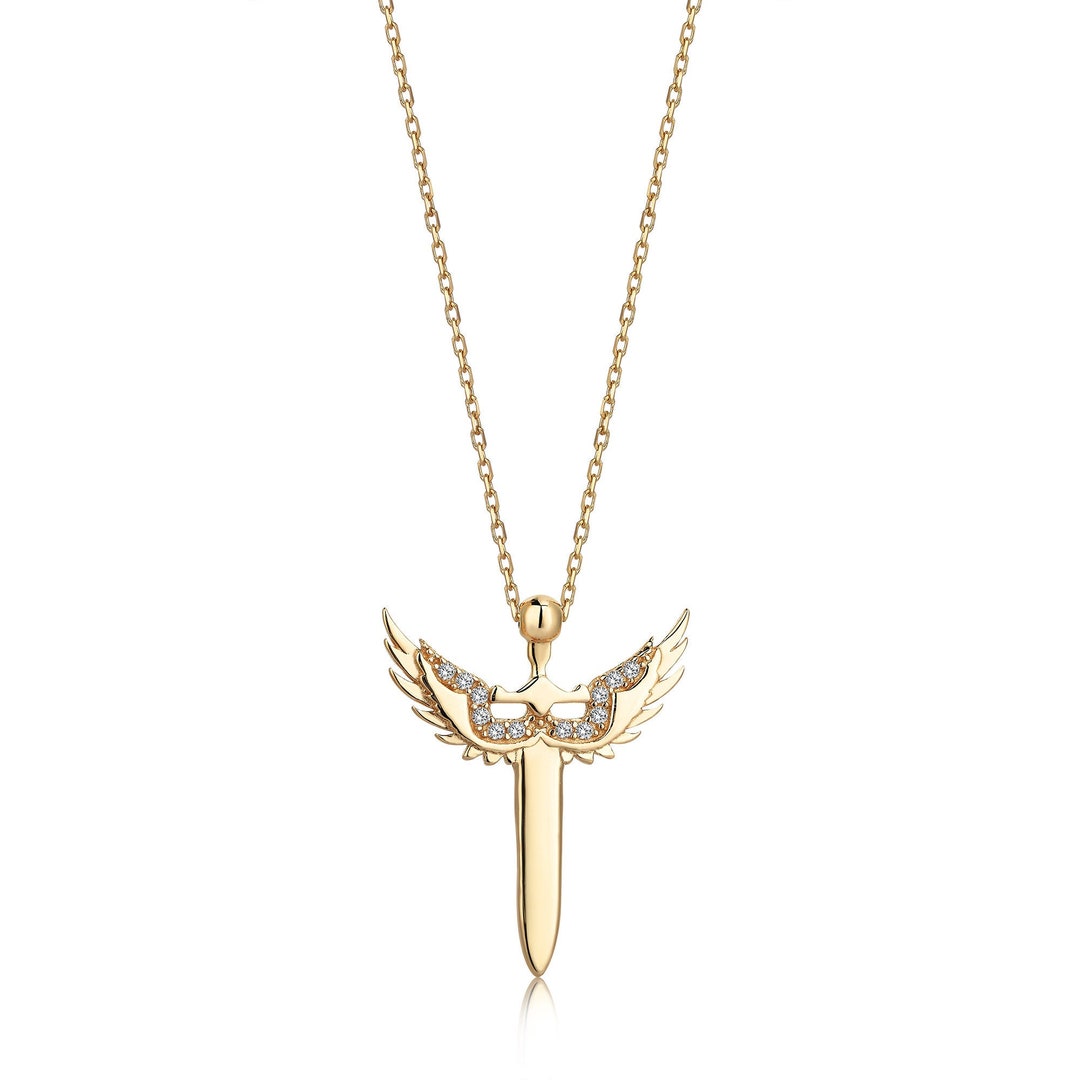 Angel Wing Sword Necklace 14k Gold Solid Diamond Sword Pendant Gothic ...