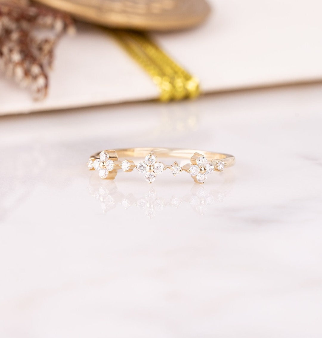14k Diamond Shamrock Ring Minimalist Four Leaf Clover Ring Solid Gold ...