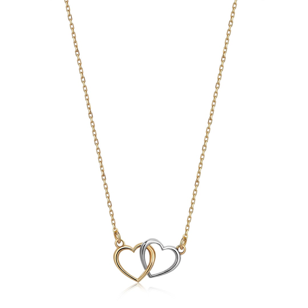 14k Gold Double Heart Necklace Dainty Twin Heart Necklace Interlocking ...