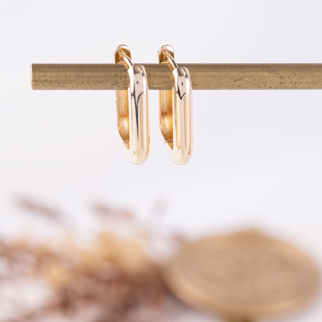 14k Gold Rectangular Hoop Earrings Solid Gold Oval Huggie Hoop Earrings ...