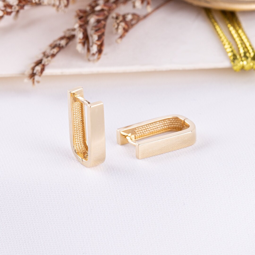 Rectangular Hoop Earrings 14k Gold Hoop Earrings Solid Gold Hoop ...