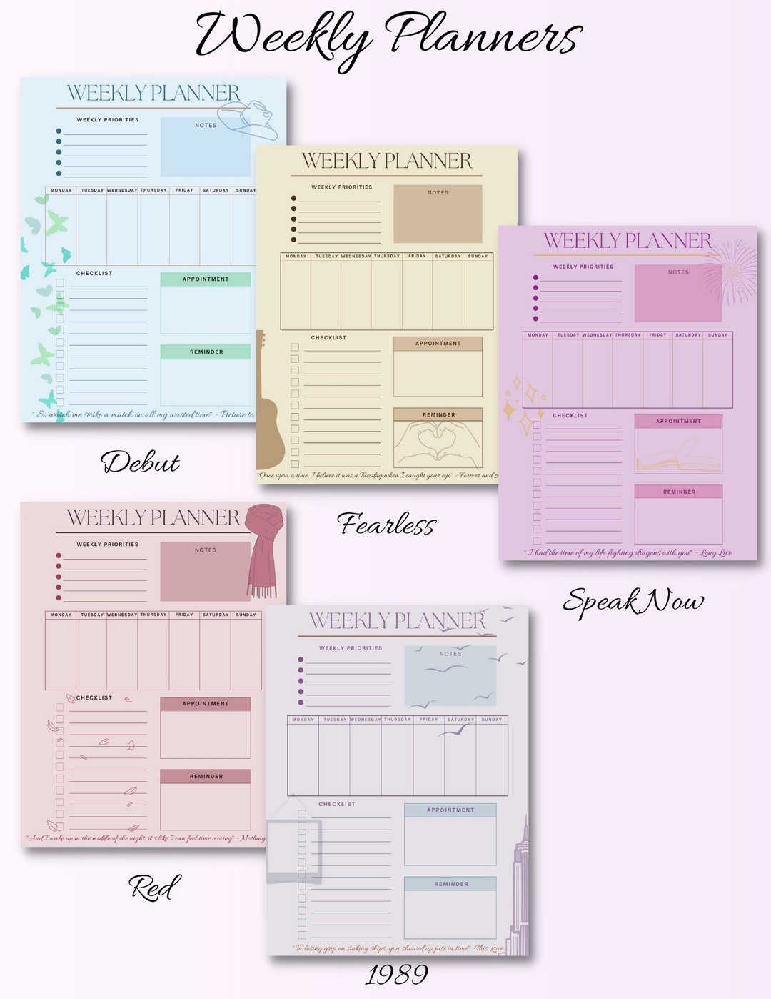 Taylor Swift Themed Daily and Weekly Planners - Etsy