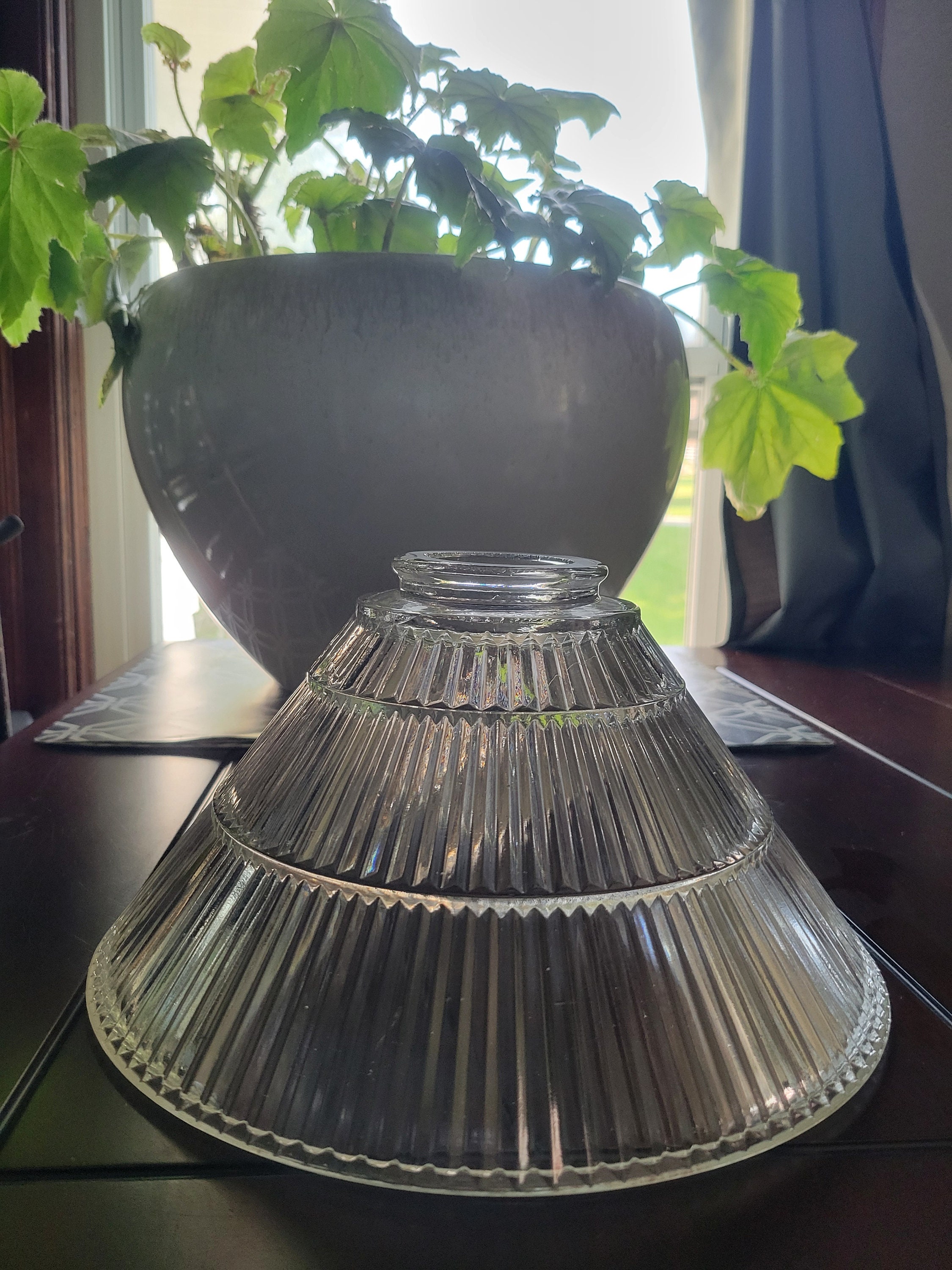 2 Vintage Holophane Ribbed Glass Industrial Pendant Lamp SHADE Art Deco ...