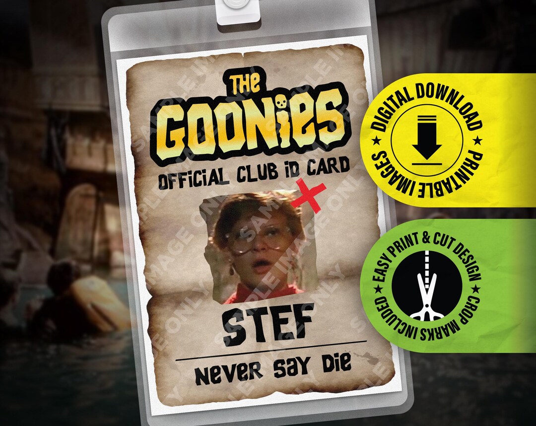 Goonies Club Card Stef 80's Nostalgia ID Badge Card Halloween Cosplay Costume Name Tag Printable ...
