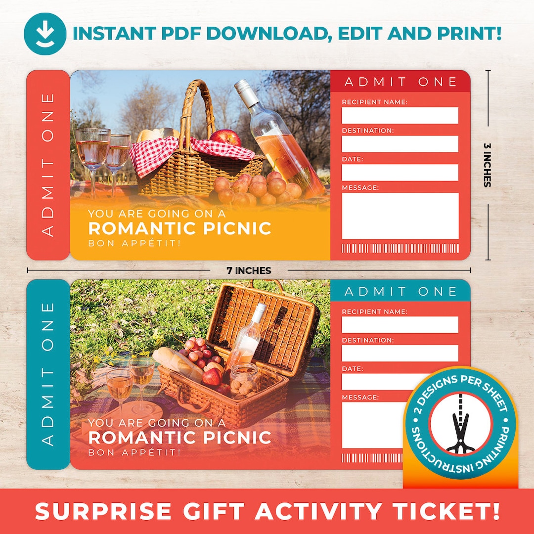 PRINTABLE PDF - Editable Surprise Ticket - Romantic Picnic Outdoors ...