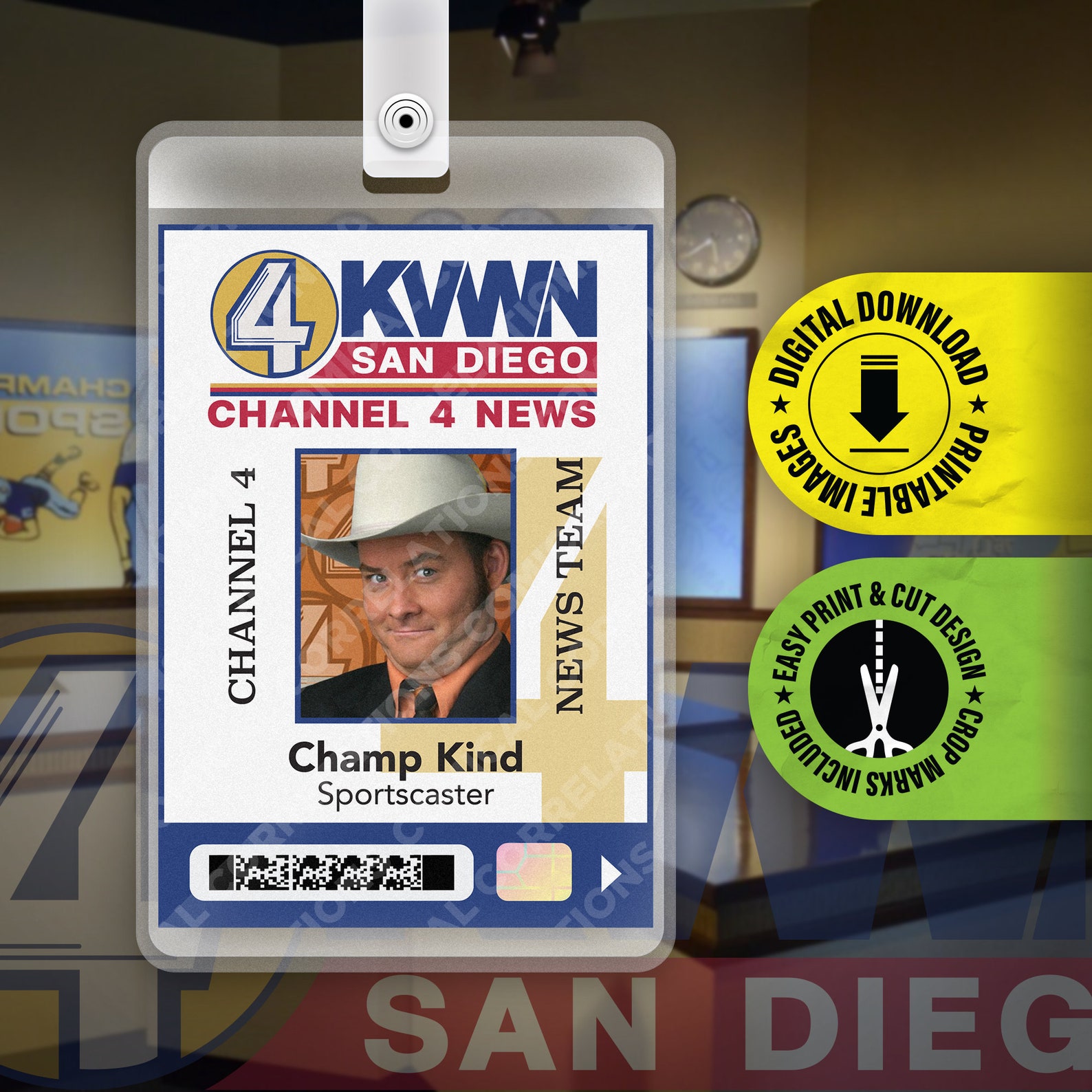 PRINTABLE PDF- Anchorman Champ Kind Channel 4 News Press Pass ID Badge ...