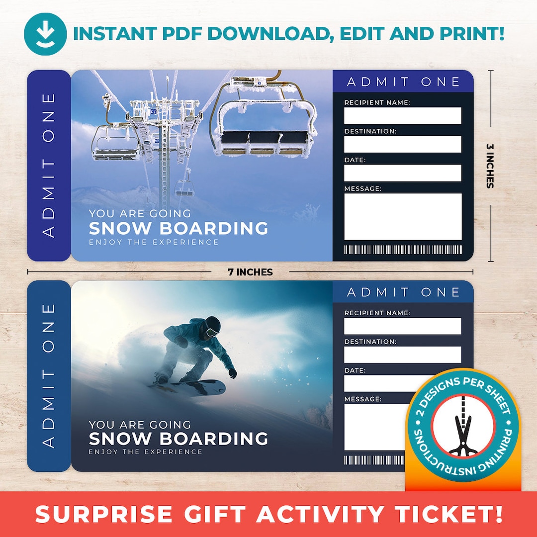 PRINTABLE PDF - Editable Surprise Trip Pass - Snow Boarding Ticket ...