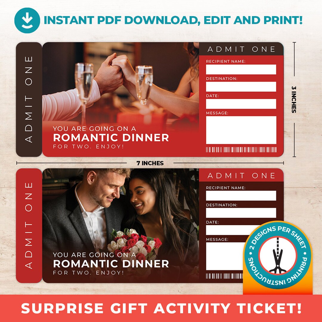 PRINTABLE PDF - Editable Surprise Ticket - Romantic Dinner for Two ...