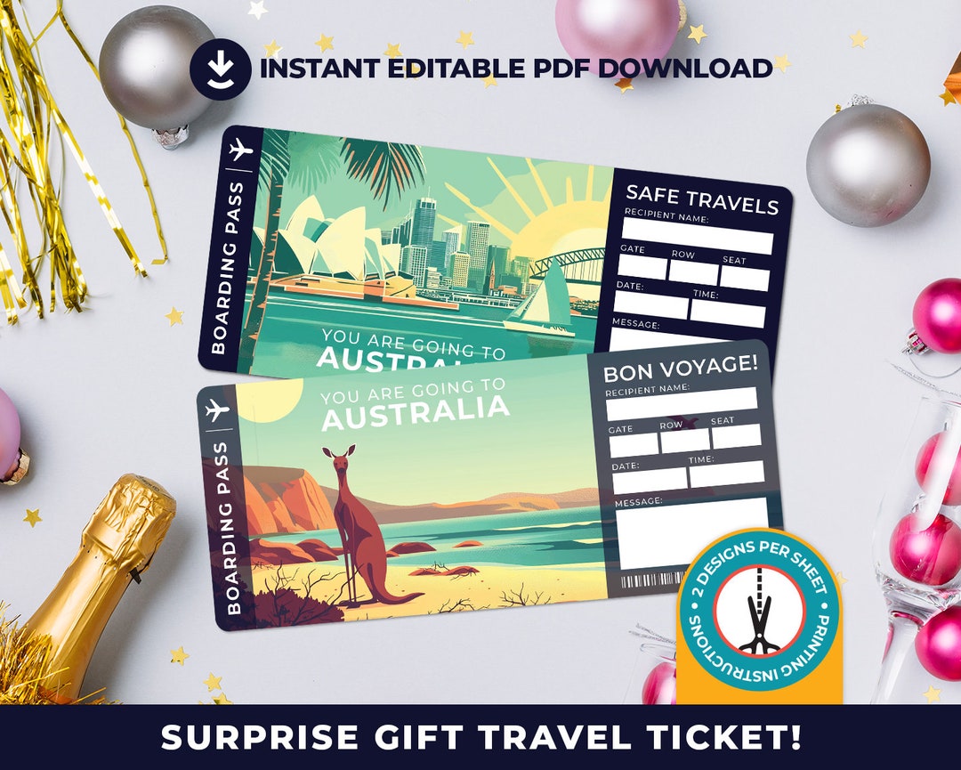 PRINTABLE PDF - Editable Surprise Trip Ticket to Australia, Boarding ...