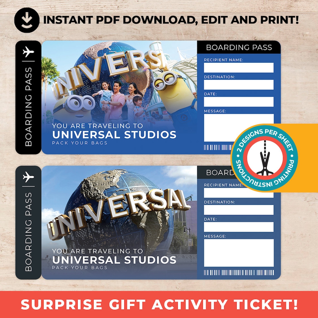 PRINTABLE PDF - Editable Surprise Trip Pass - Universal Studios Ticket, Gift Admission, Boarding ...