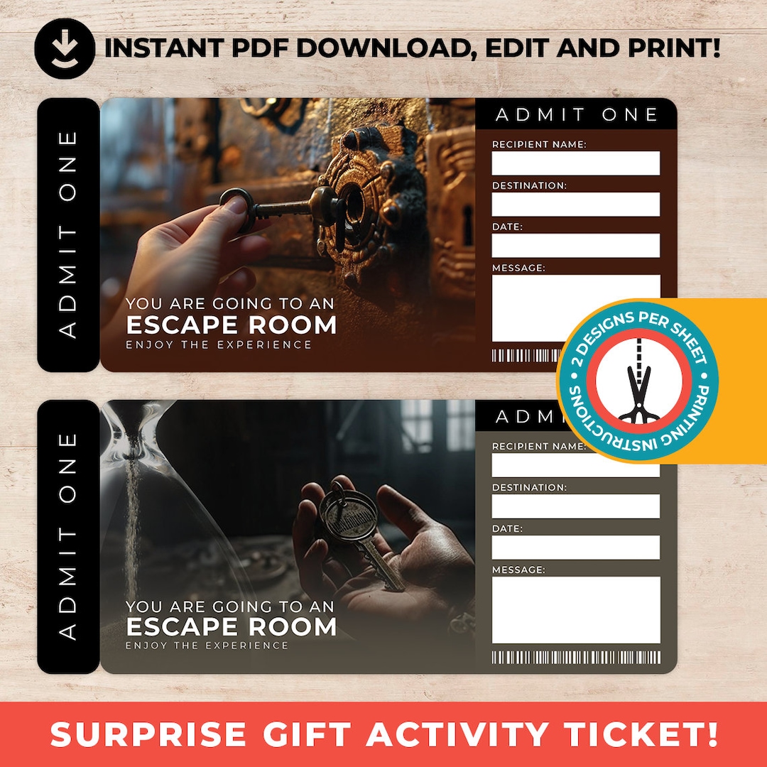 PRINTABLE PDF - Editable Surprise Trip Pass - Escape Room Ticket, Gift ...