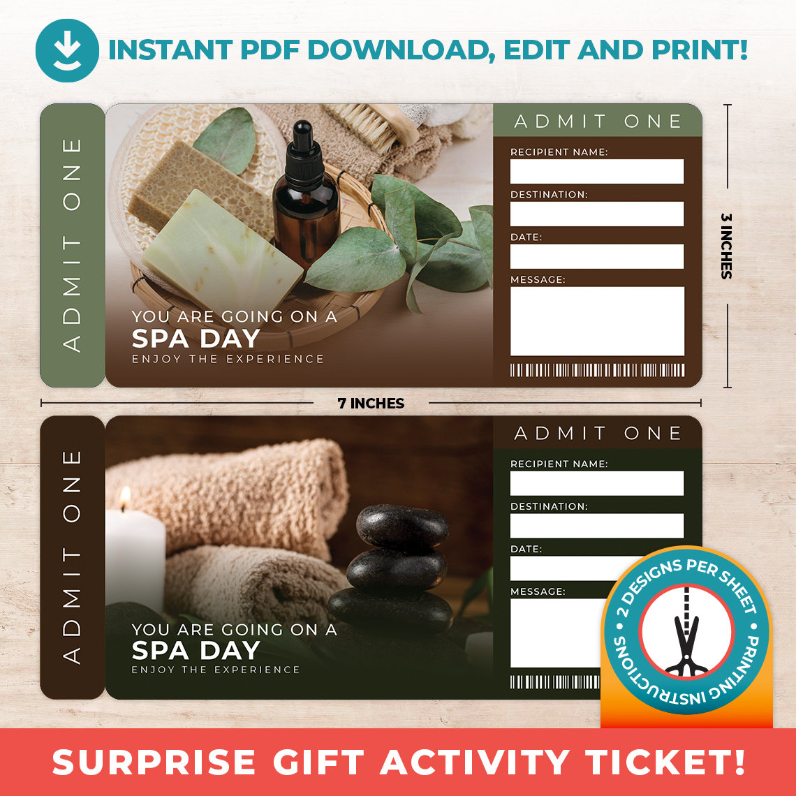 PRINTABLE PDF - Editable Surprise Trip Pass - Spa Day Ticket, Gift ...